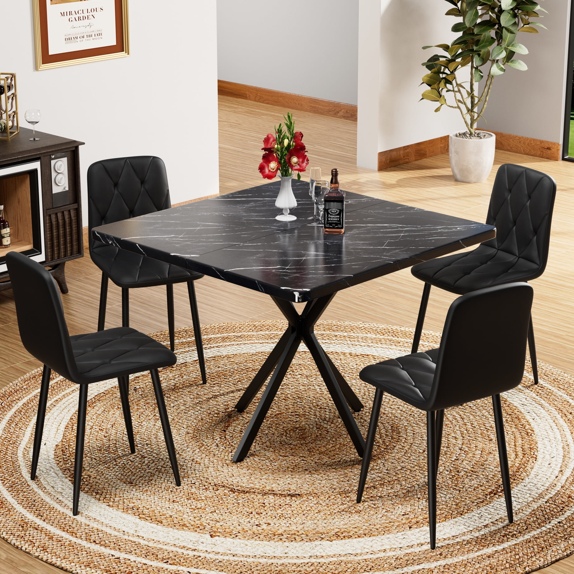 Square Dining Table In Black, Faux Marble Deck, Iron Legs, Space Saver ...