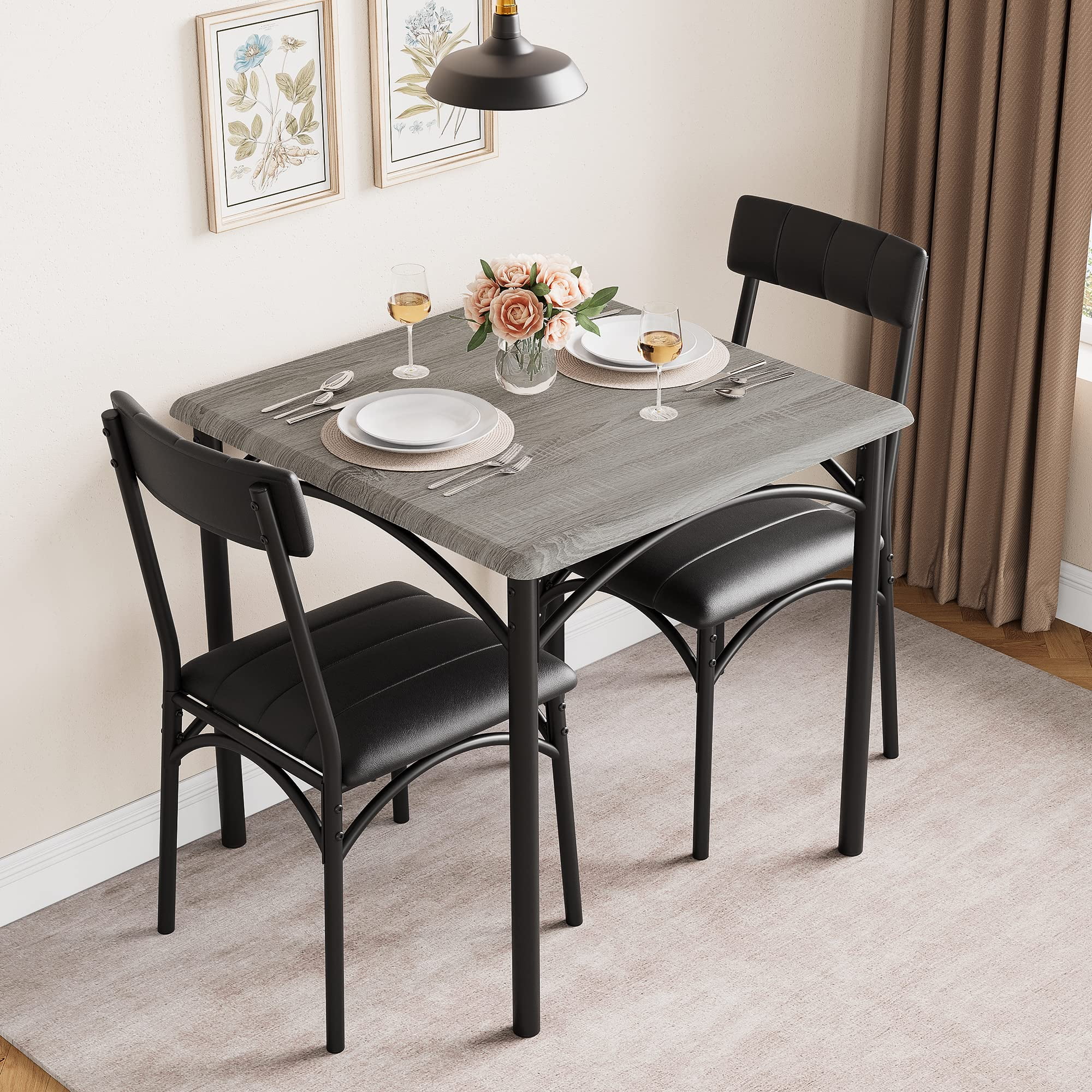 Square Dining Table Set for 2, 3-Piece Kitchen Table and Upholstered ...
