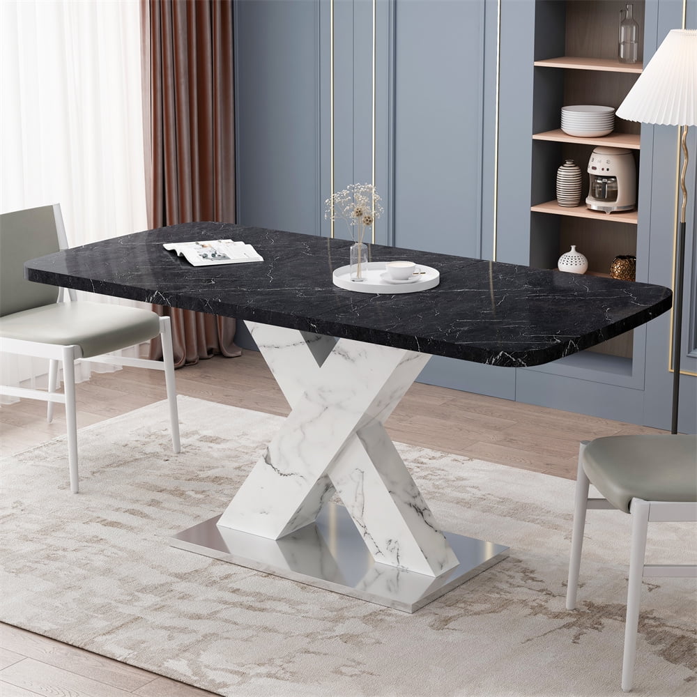 Square Dining Table With Metal Base, X-Shape Leg, Printed Black Marble ...