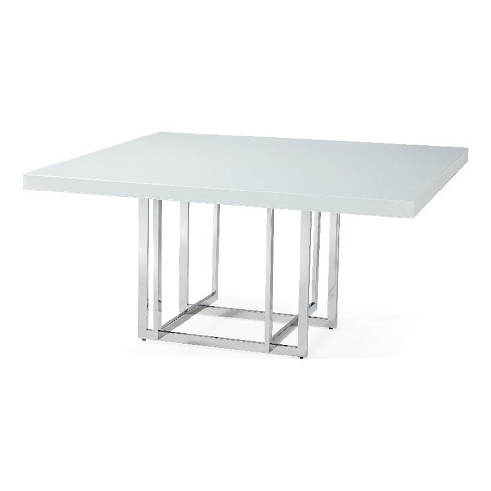 Square Dining table with White Wood Lacquer. Glass and Stainless Steel ...