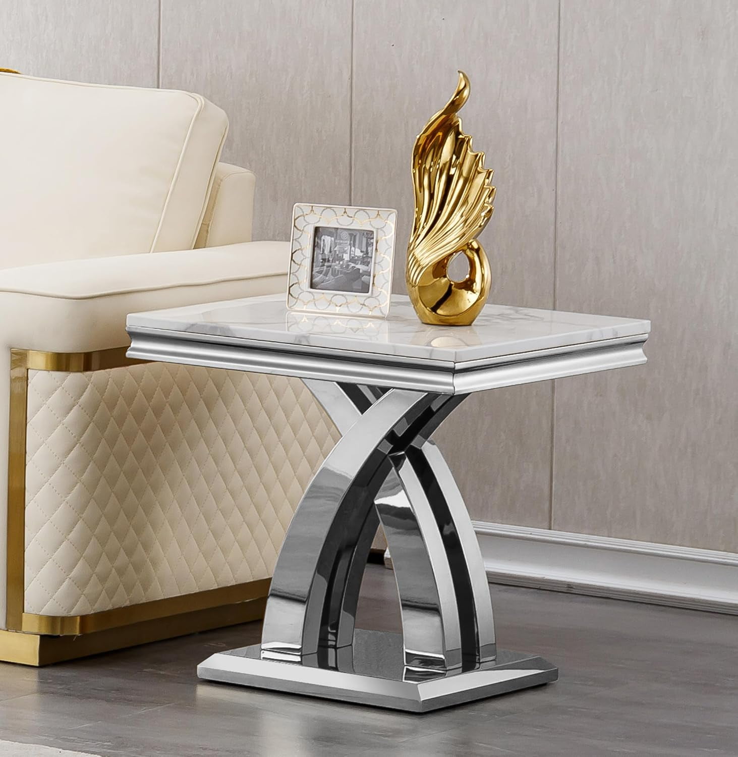 Square End Table,22.8" Modern White Faux Marble Side Table, Nightstand Bedside Table Small ...