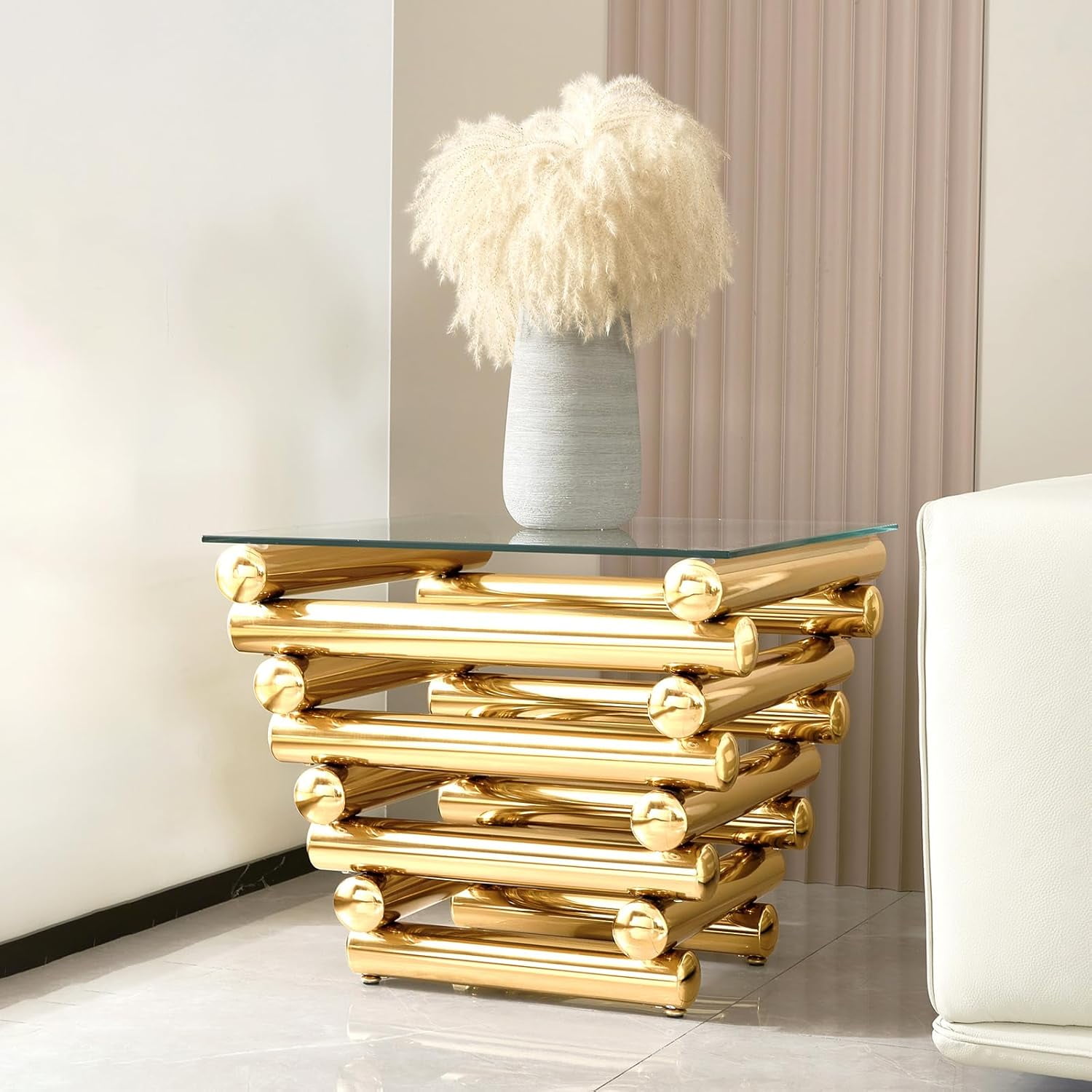 Square End Table, Modern Gold End Tables Living Room with Stainless ...