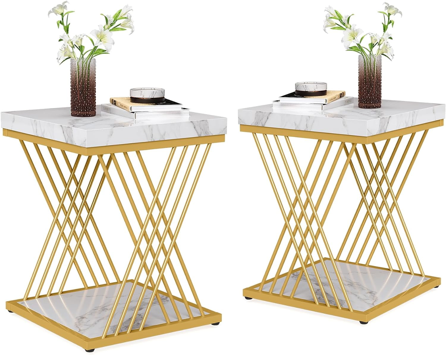 Square End Table White Gold 2-Tier Side Table Modern Small Bedside ...