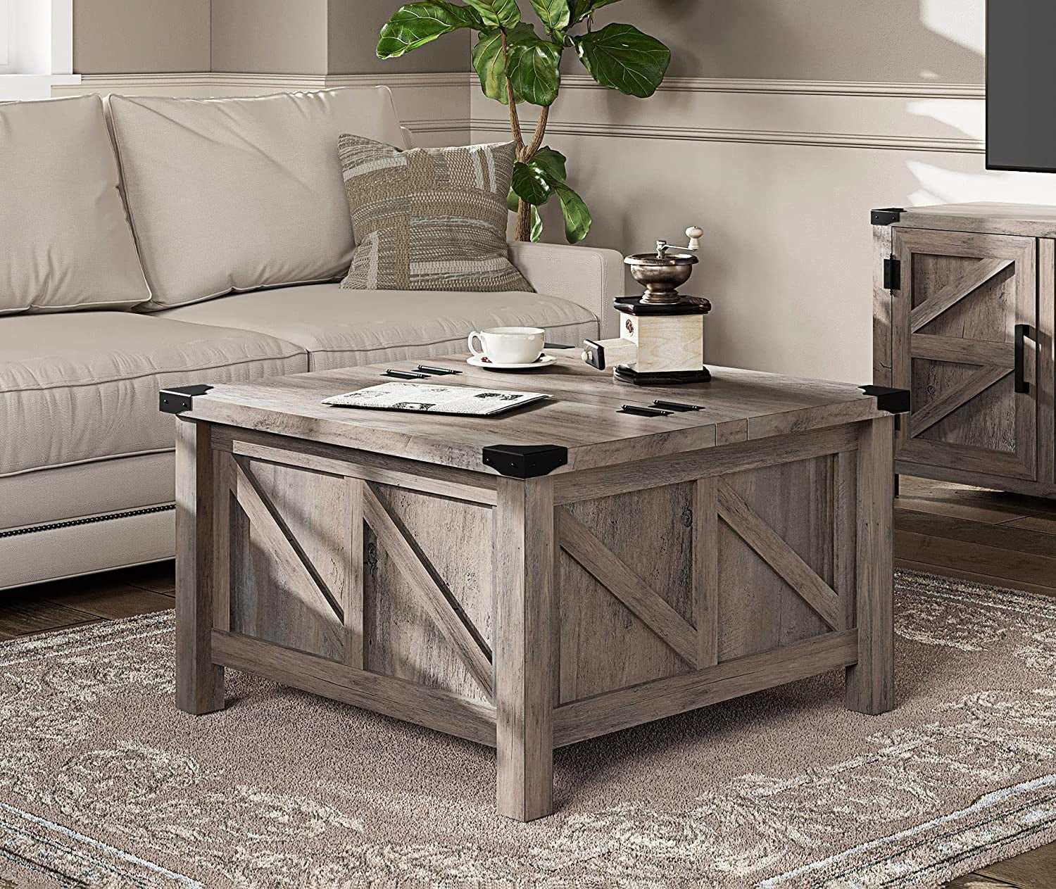 Square Farmhouse Coffee Table with Storage for Living Room, 30x30 inch ...