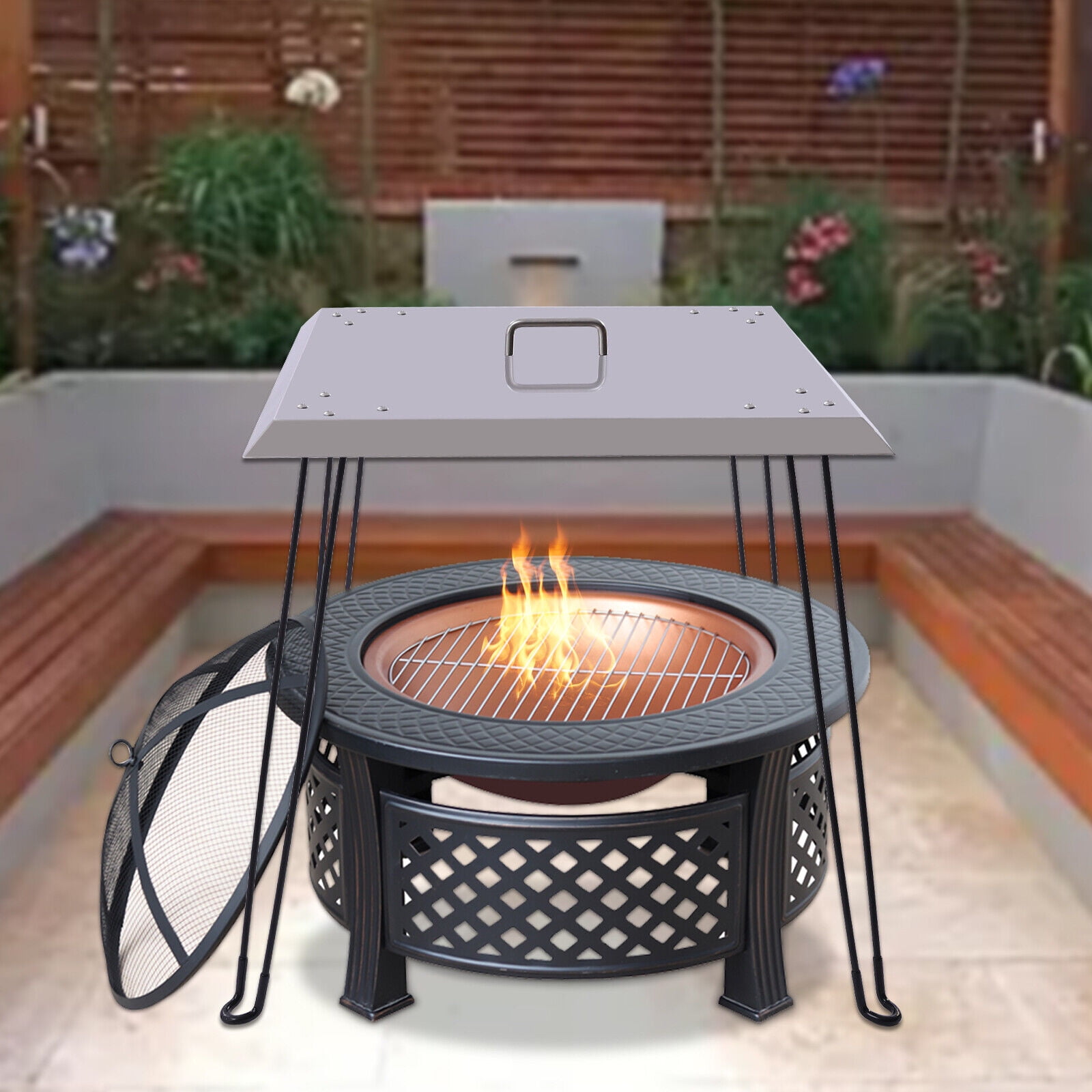 Square Fire Pit Heat Deflector Fire Pit Lid Cover Stainless 24*24" with ...