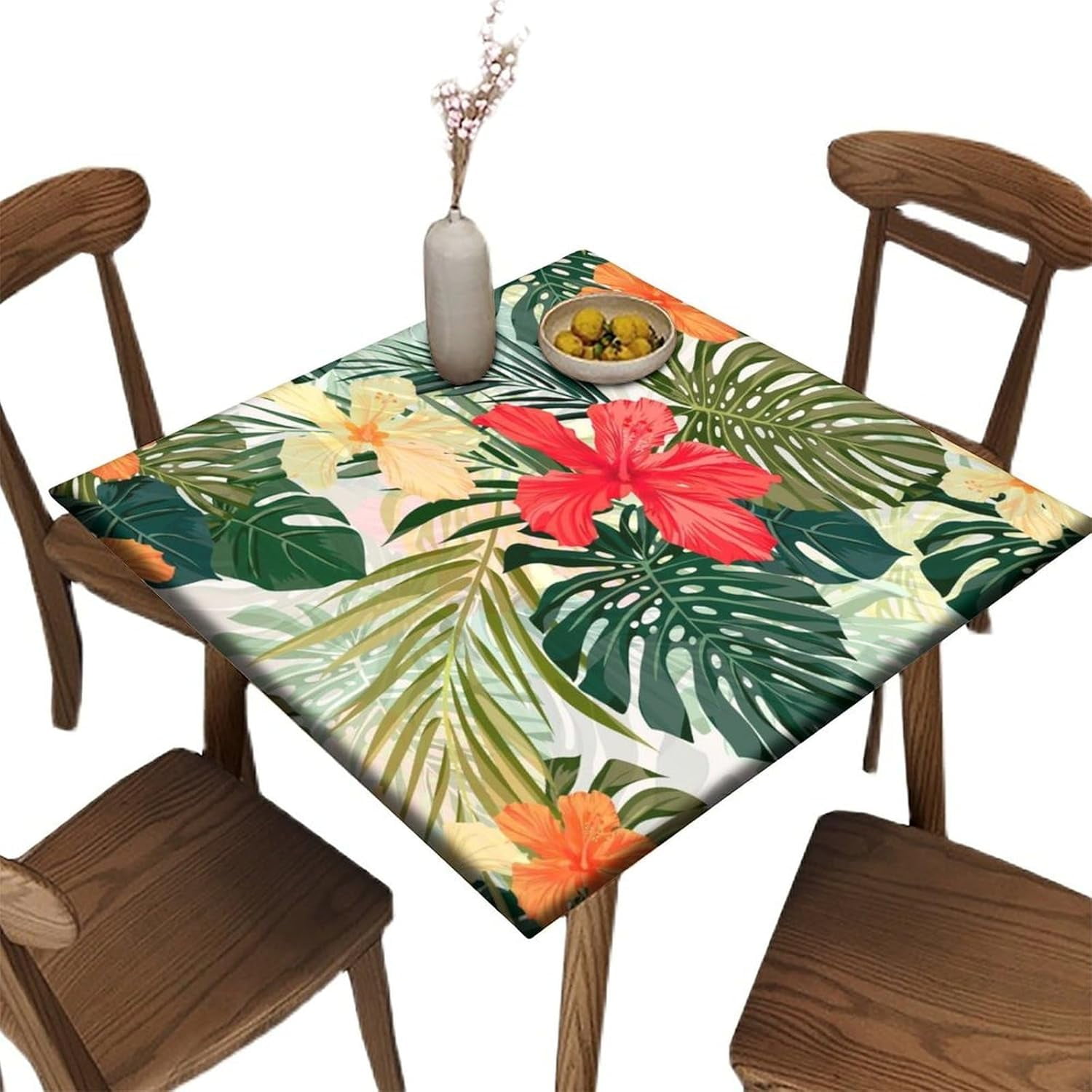 Square Fitted Elastic Edge Table Cloths, Tropical Palm Leaves Flowers ...