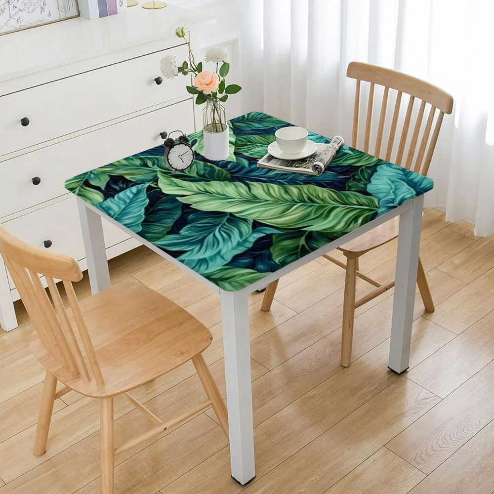 Square Fitted Tablecloth, Green Palm Leaf Elastic Edge Polyester ...