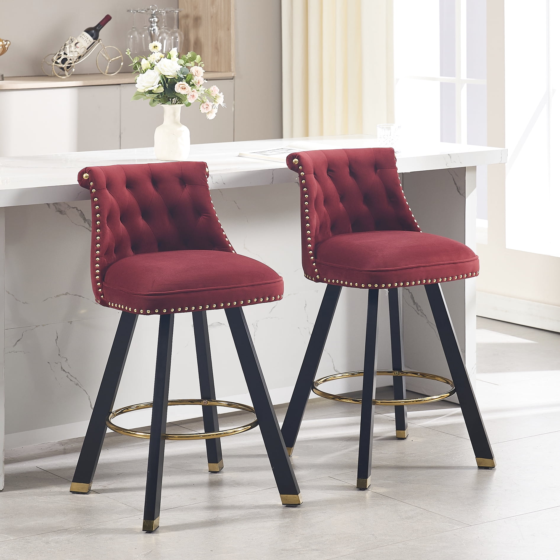 Square Foot Velvet Bar Chair Of 2, 360 Rotation, Detachable Back Pull Loop, Rivet Trim, Red ...