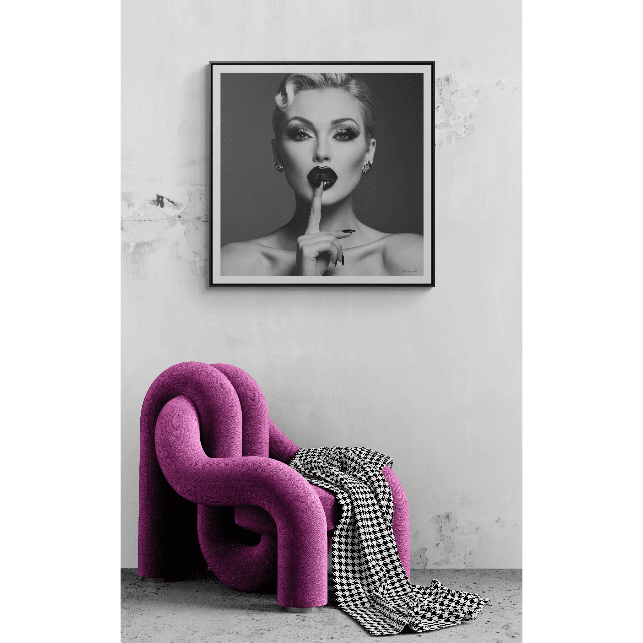Square Frame Canvas Wall Art, Black & White Glamorous Woman Be Quiet ...