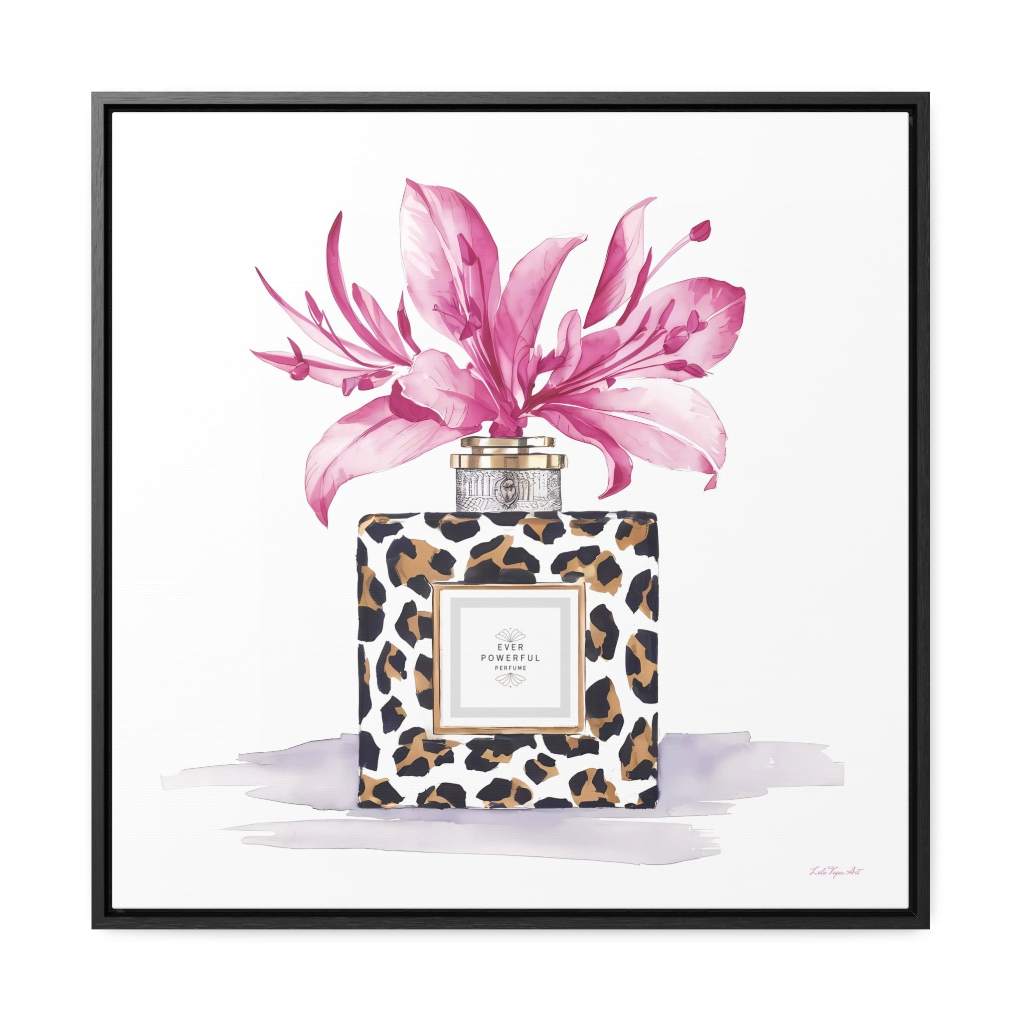 Square Frame Canvas Wall Art, Leopard Print Perfume Bottle with Pink ...