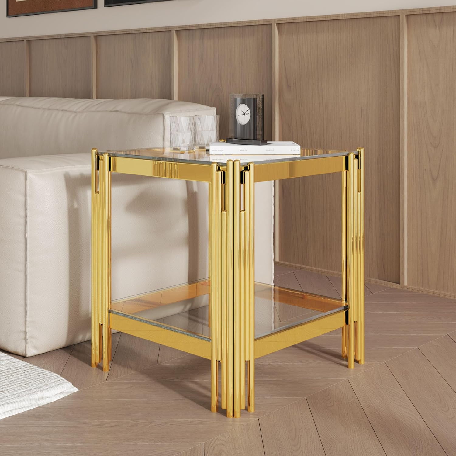 Square Glass End Table with Clear Tempered Glass Top & Gold Stainless ...
