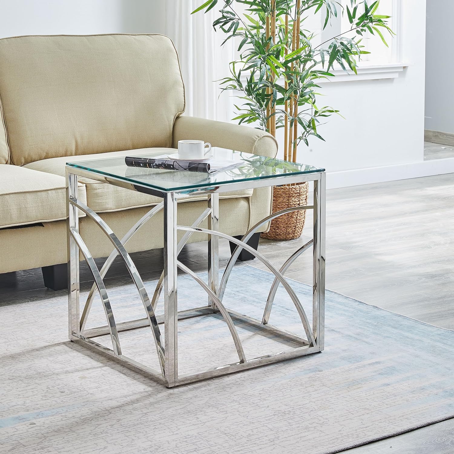 Square Glass End Table Transparent Glass Top - Sleek Stainless Steel ...