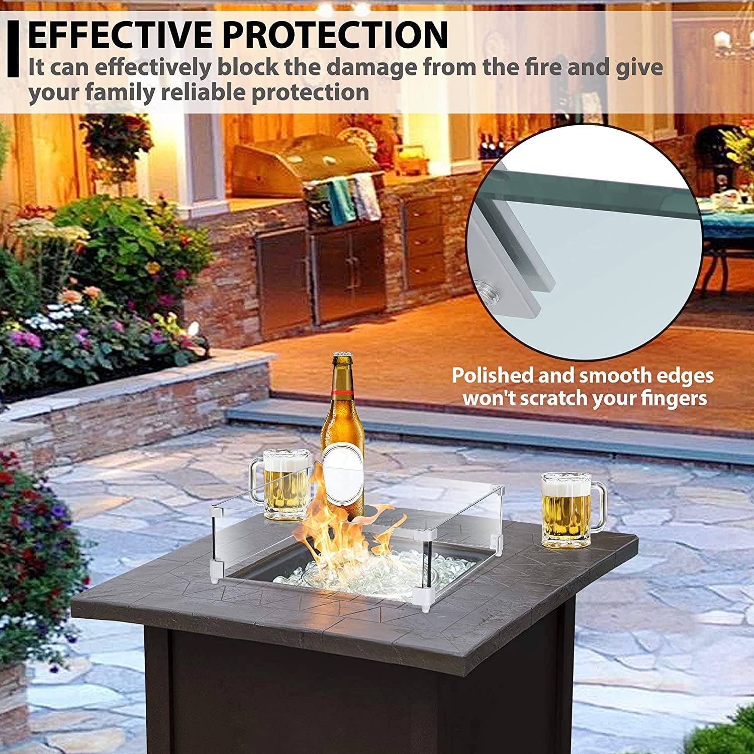 Square Glass Fire Pit Wind Screen, Silver Hardware, 6 in x 20 in ...