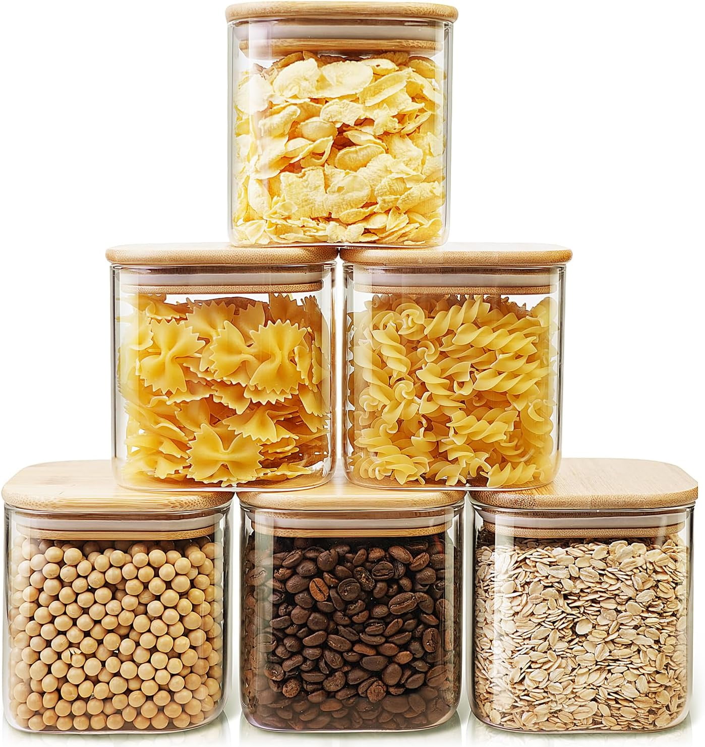 Square Glass Jars with Bamboo Lids 27 FL OZ [Set of 6], Glass Canisters ...