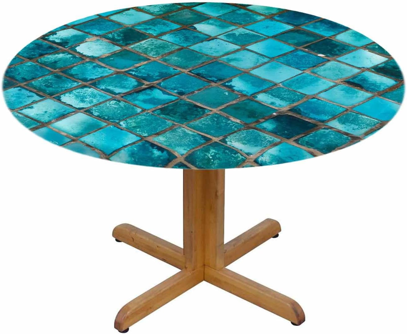 Square Glass Mosaic Round Table Cloth Turquoise Blue Asian Temple Wall ...