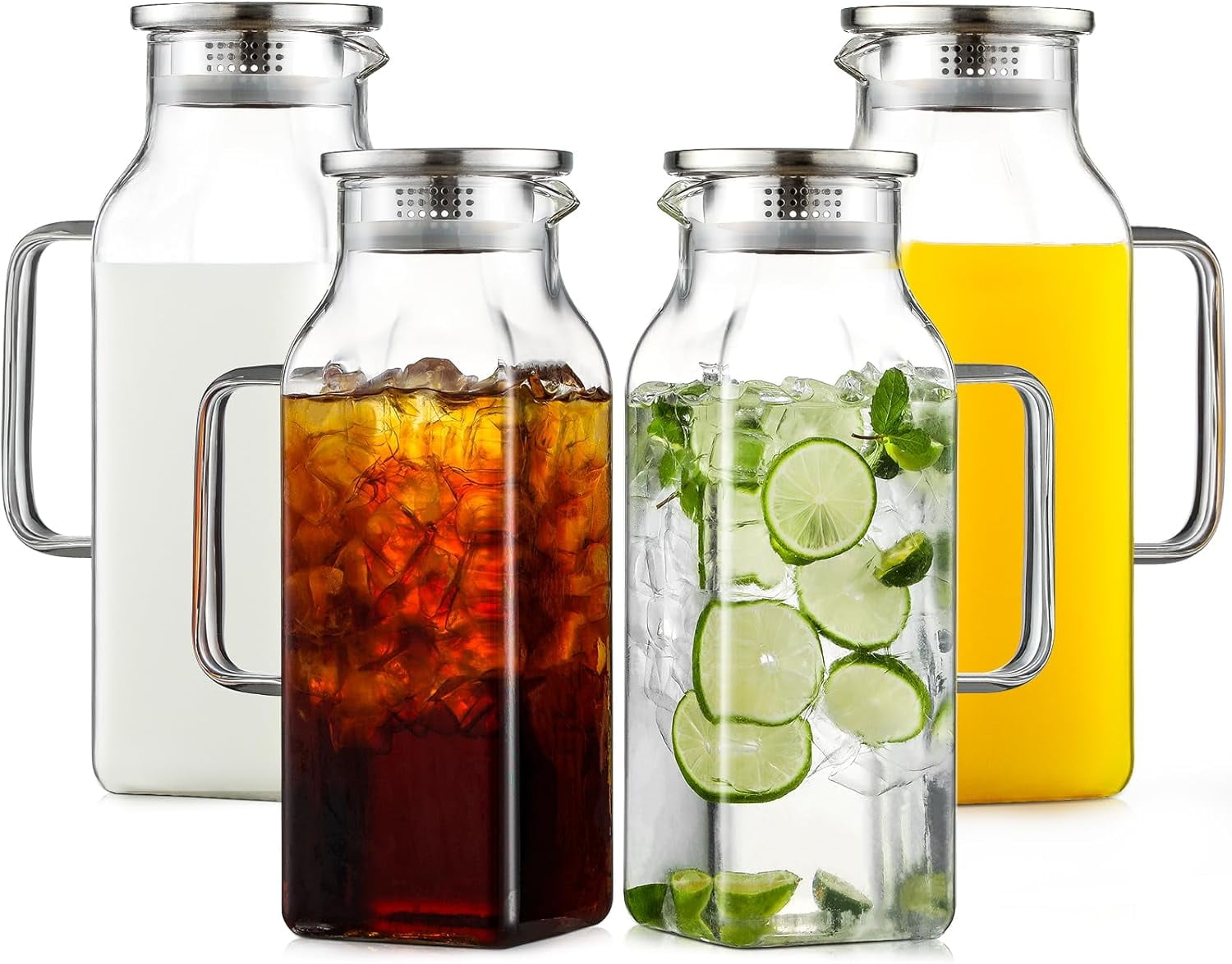 Square Glass Pitcher with Lid and Handle for Fridge, Iced Tea and ...
