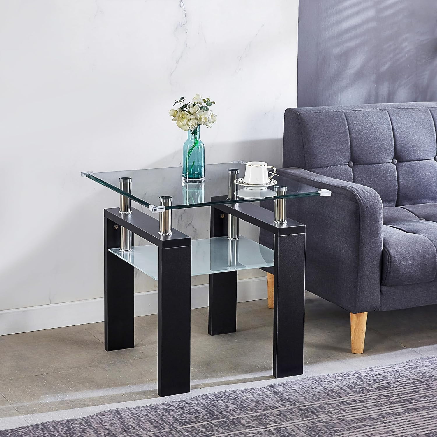 Square Glass Side Table, Black 2-Tier Tempered Glass End Table, Modern ...