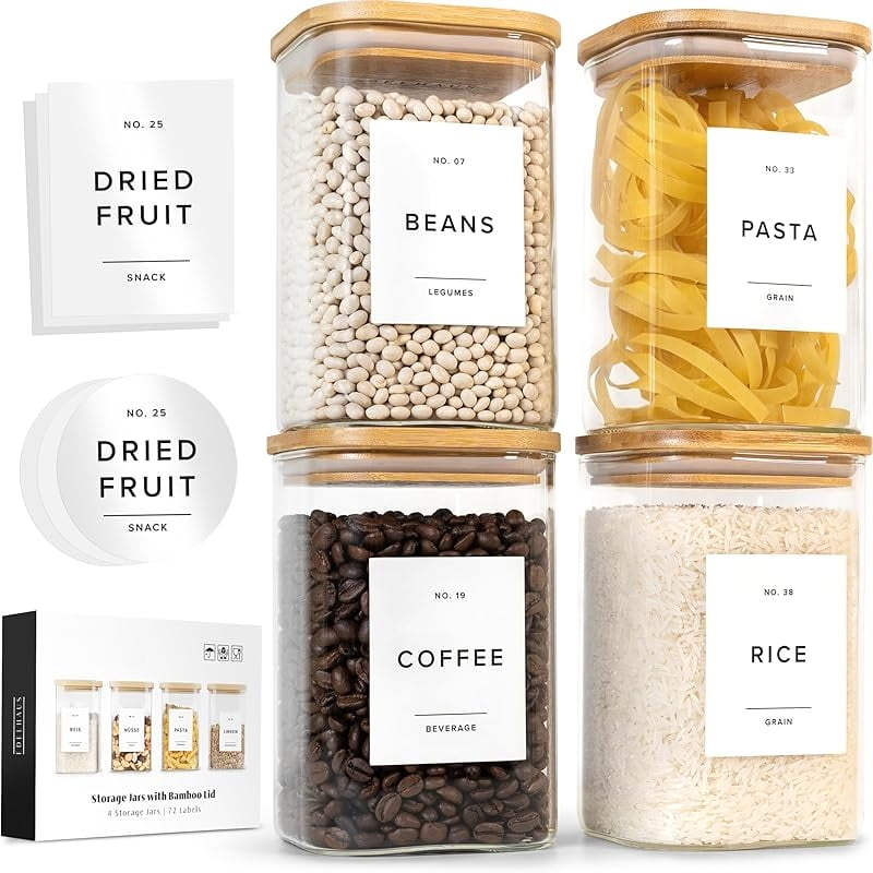 Square Glass Storage Containers with Bamboo Lids 12-Pack (4x 30 oz, 8x ...