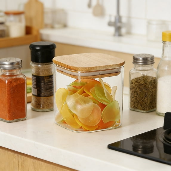 Square Glass Storage Jar With Airtight Bamboo Lid Transparent Kitchen ...