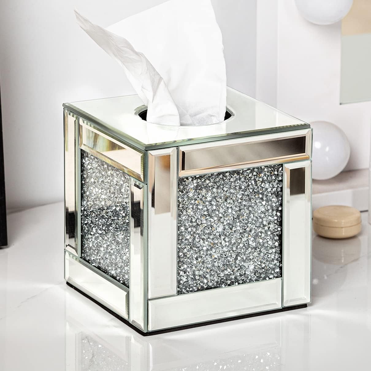 Square Glass Tissue Box Cover Holder with Mirrored Crushed Diamond ...