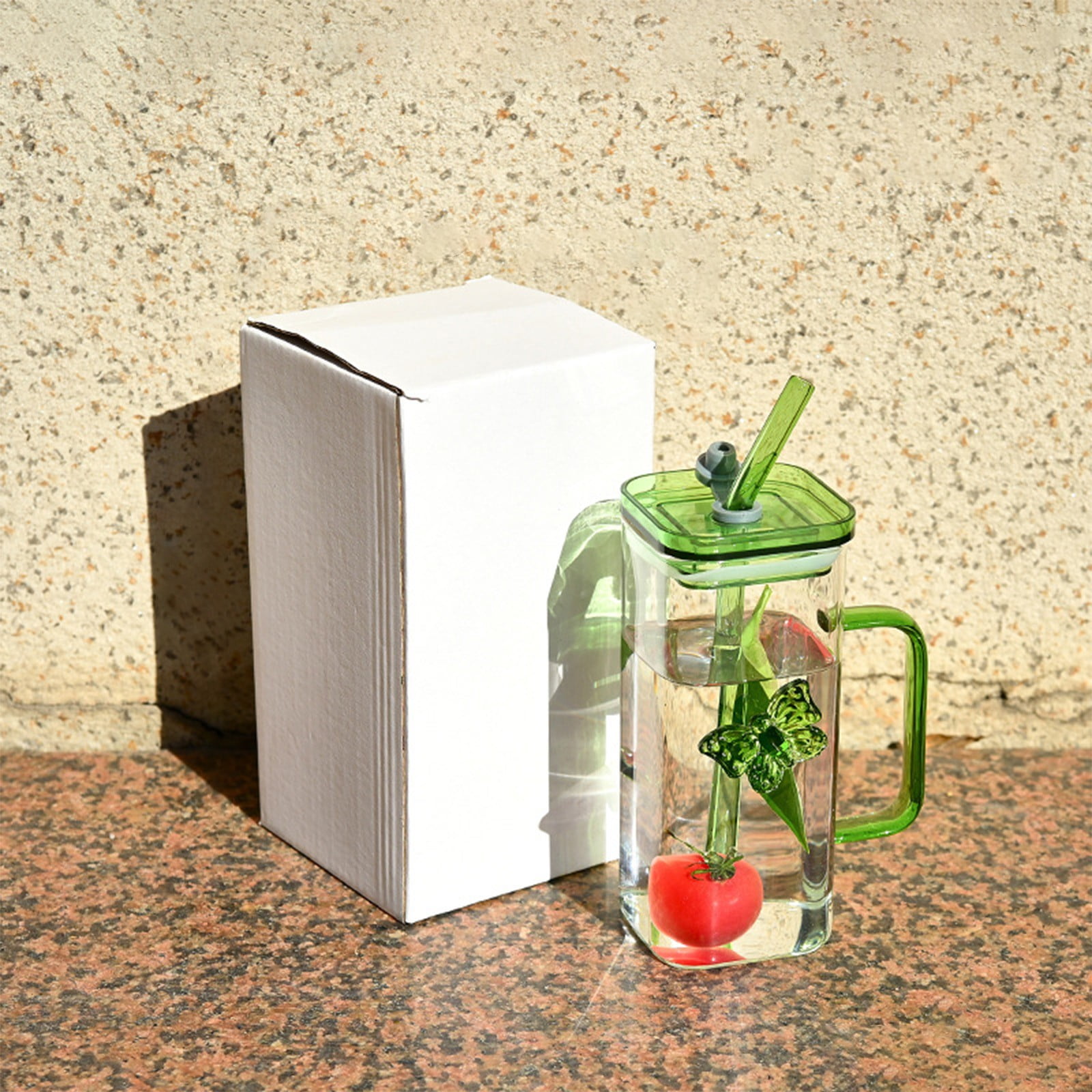 Square Glass Tumbler with Handle | Double-Wall Glass Straw Cup | 350ml ...