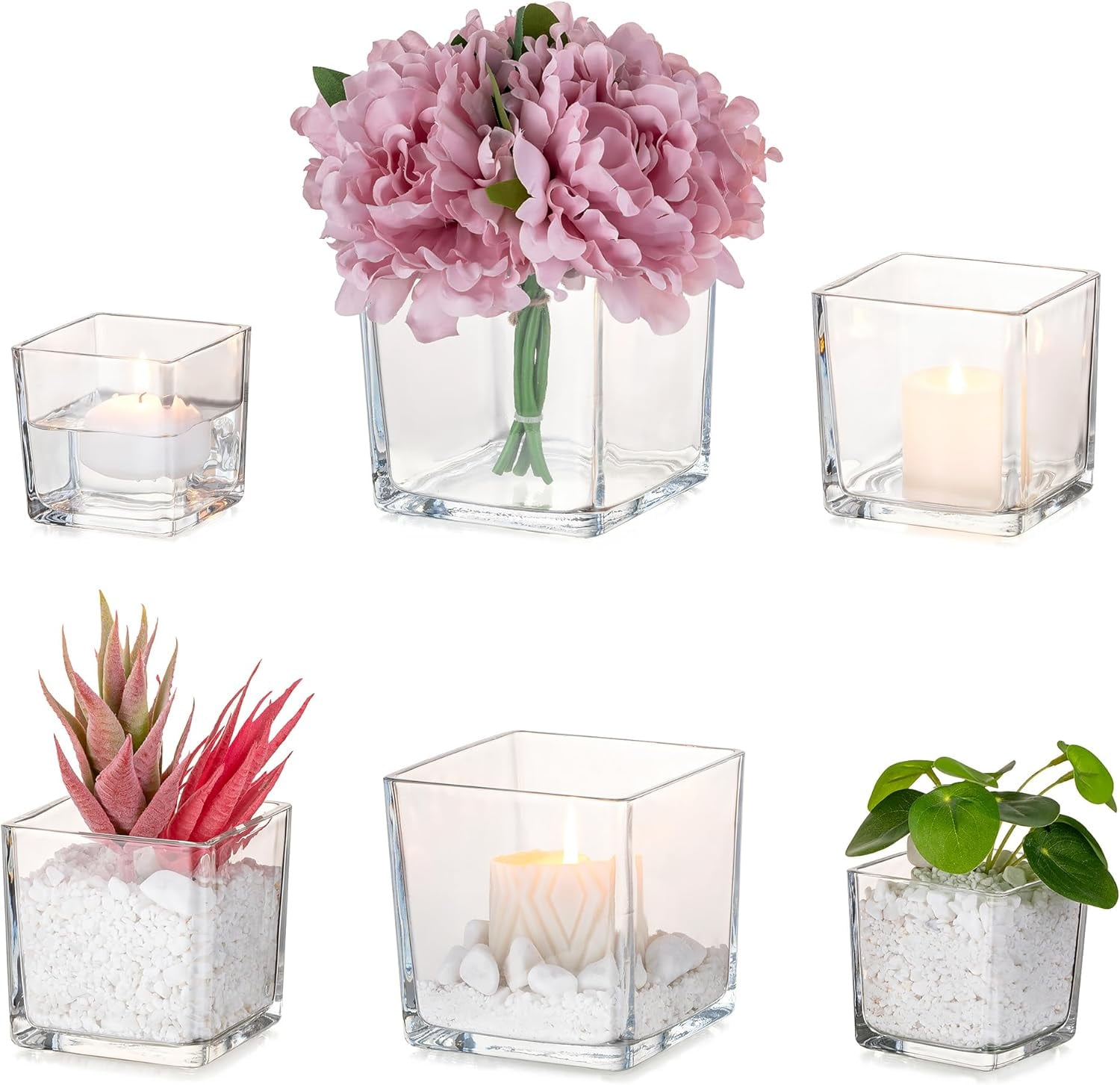 Square Glass Vases for Centerpieces Clear Set of 6 Cube Flower Vase ...