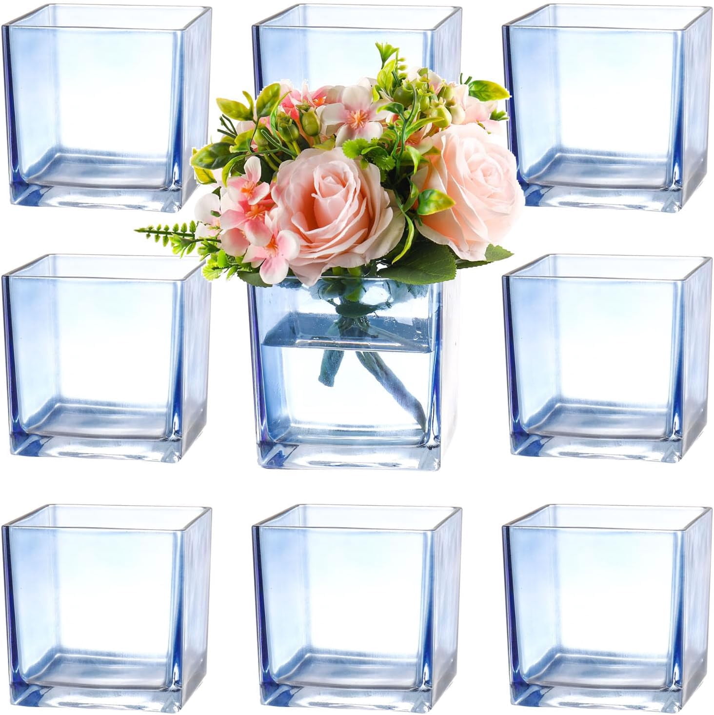 Square Glass Vases Set of 9, 5" x 5" x 5" Blue Flower Vases for ...