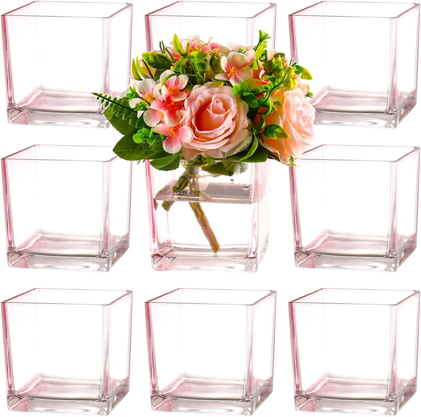 Square Glass Vases Set of 9, 5" x 5" x 5" Pink Flower Vases for ...