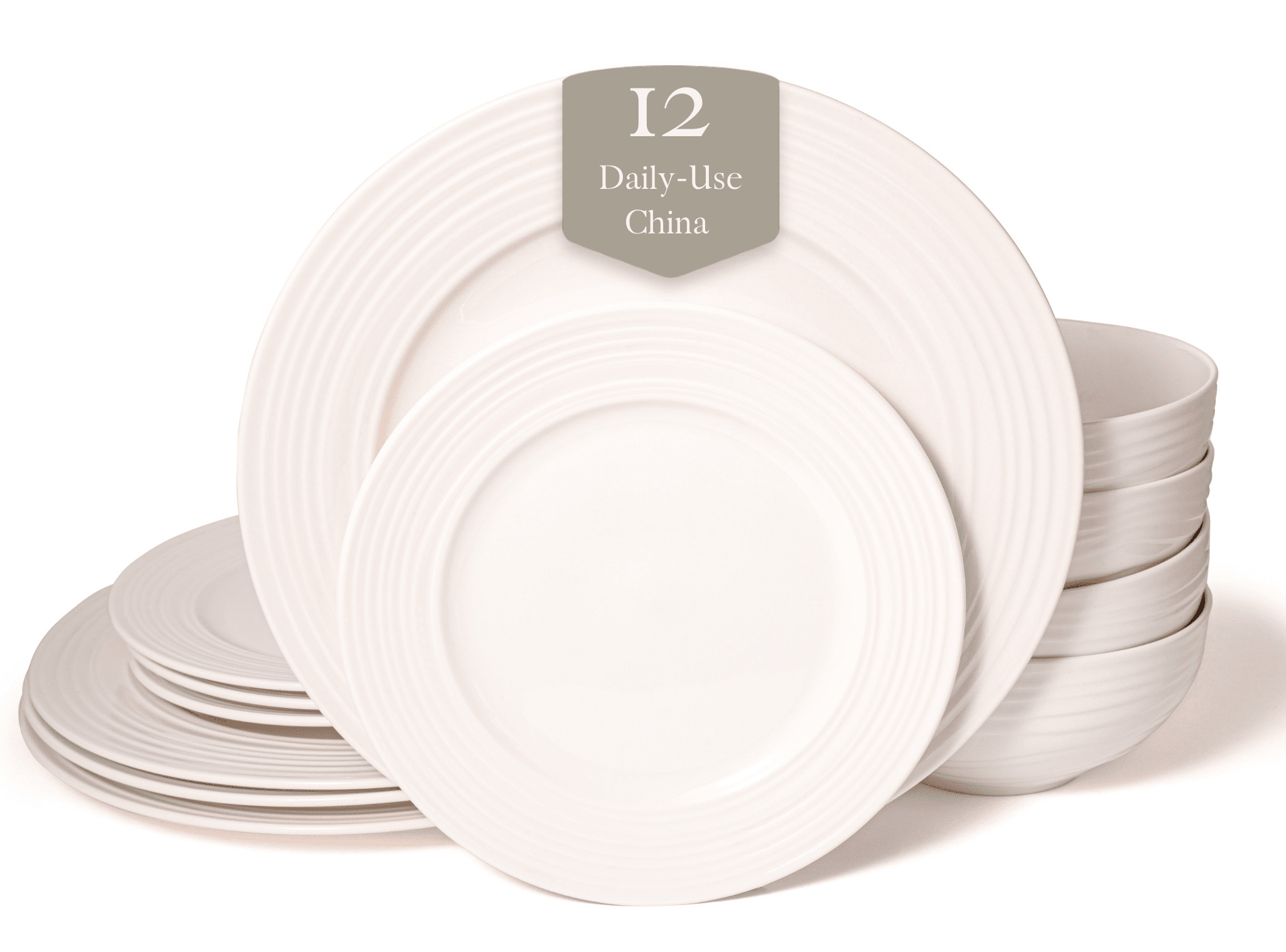 Square House New Bone China 12 Piece Dinnerware Set, Santorini Collection (Wave), White, Daily ...