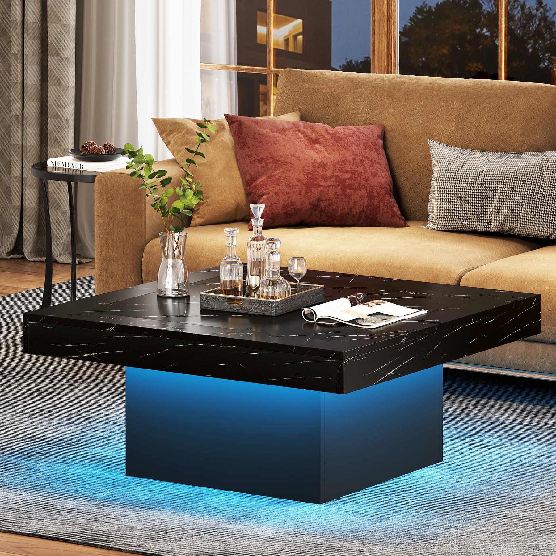 Square LED Coffee Table Engineered Wood Low Profile Modern Farmhouse ...
