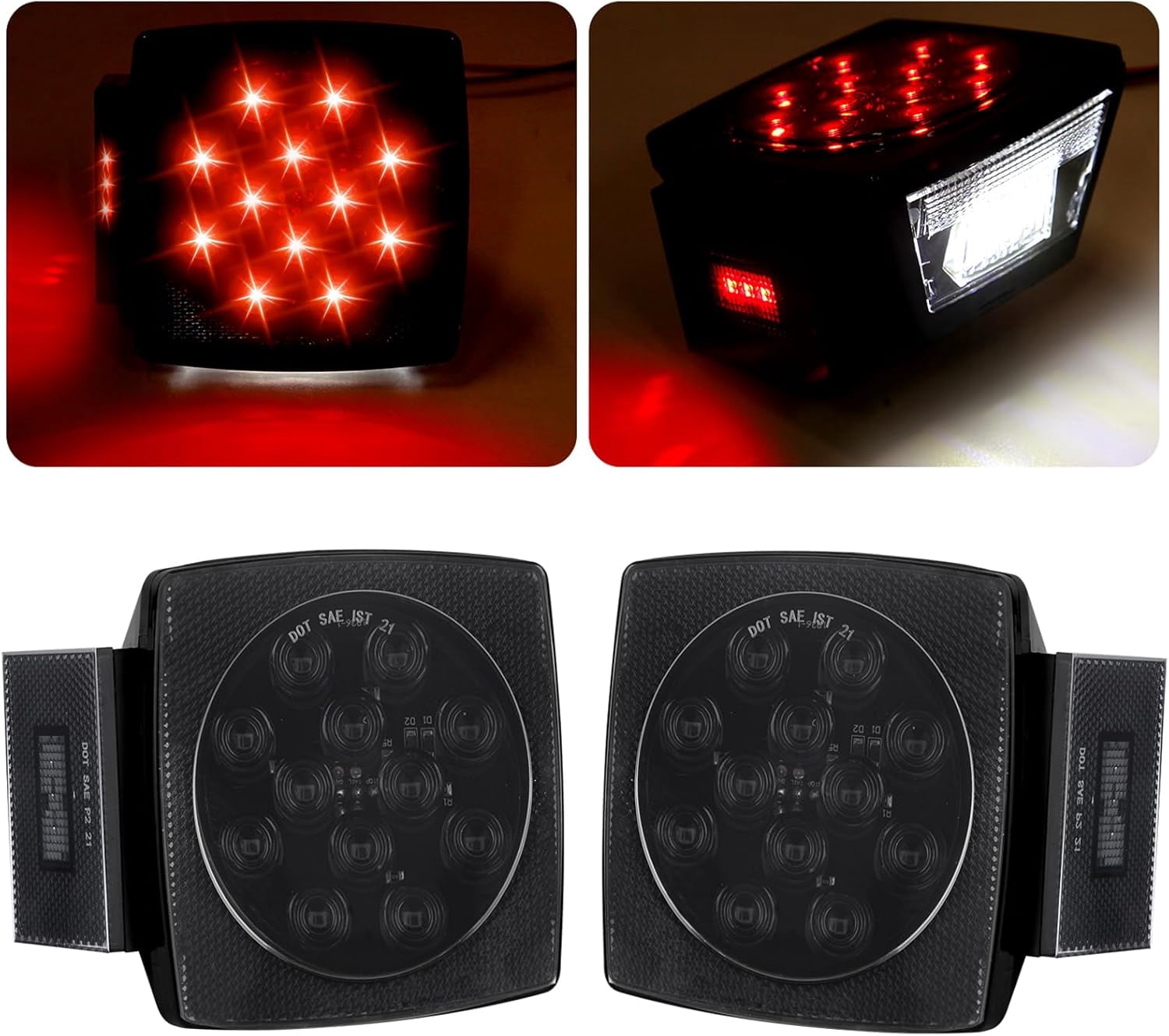Square LED Trailer Tail Lights - 12V Smoked Red Submersible Stop Turn ...