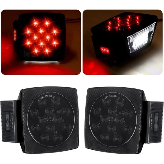 Square LED Trailer Tail Lights - 12V Smoked Red Submersible Stop Turn ...