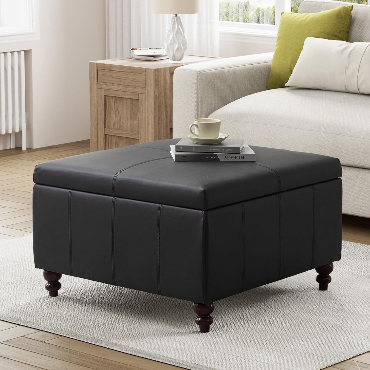 Square Leather Storage Ottoman Coffee Table with Storage Black Tufted ...