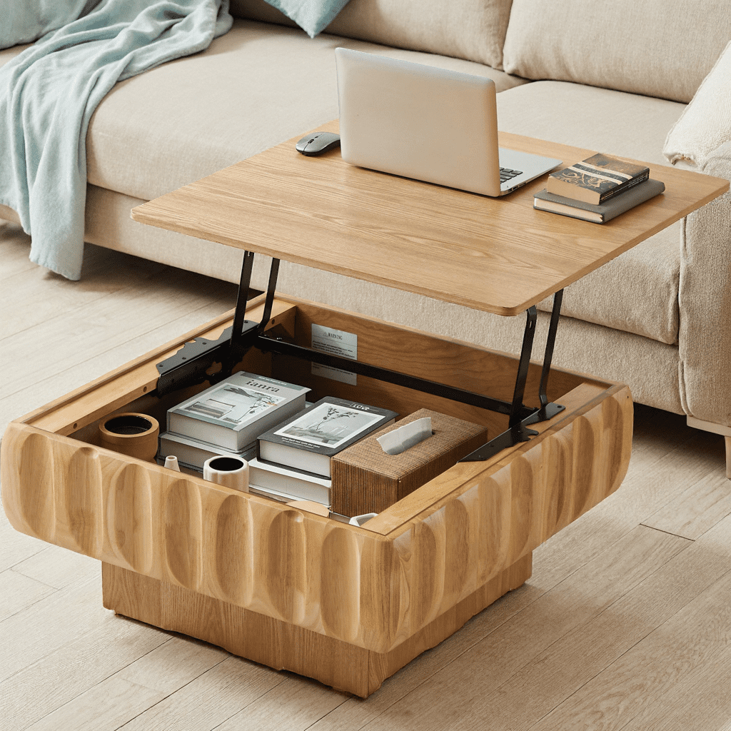 Square Lift-Top Coffee Table with Solid Wood Frame and Hidden Storage ...