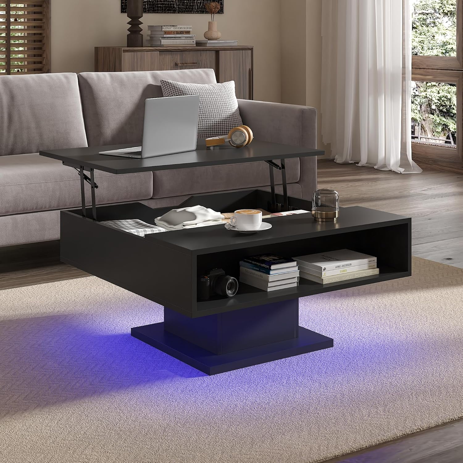 Square Lift Top Coffee Table with Storage, Black Led Coffee Table for ...