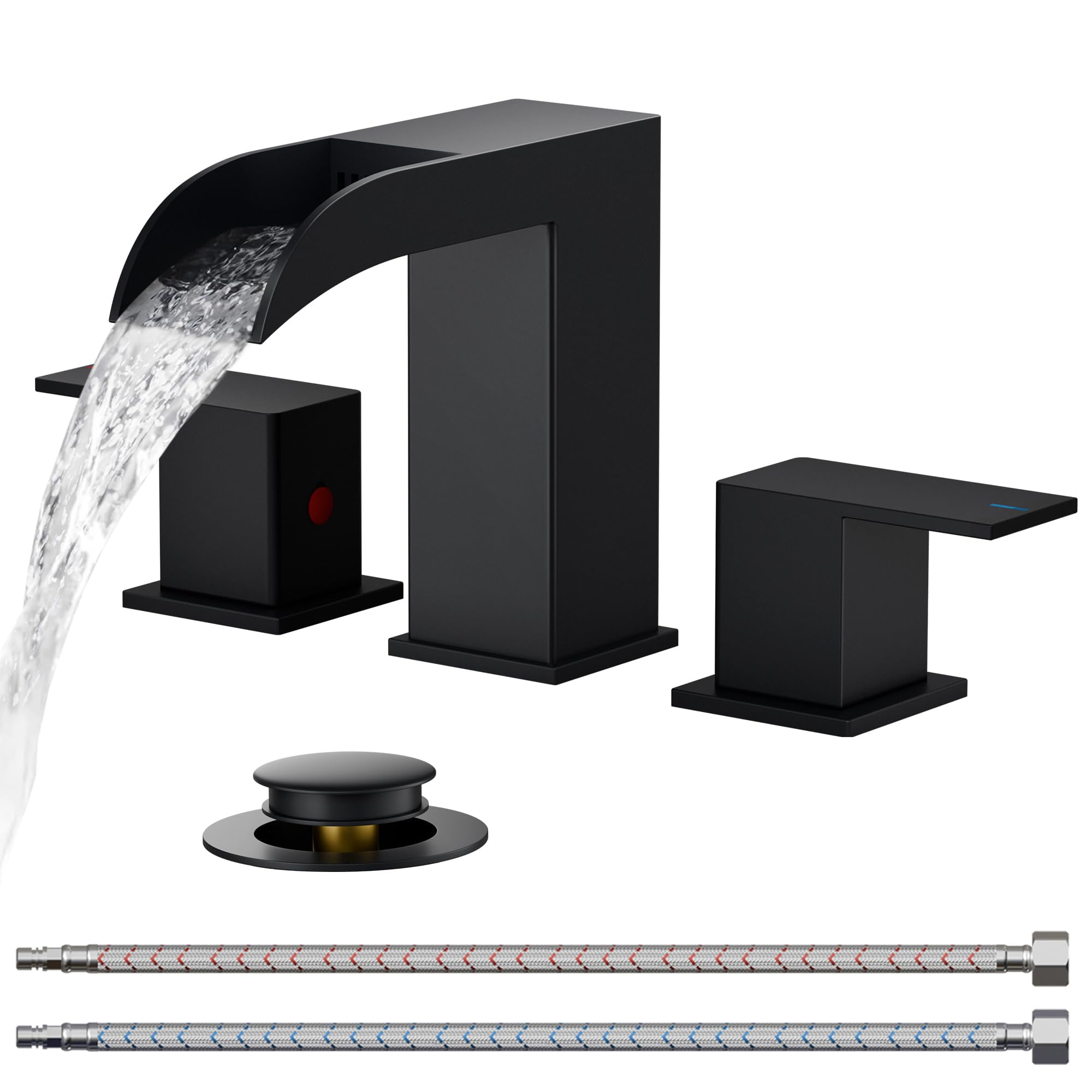 Square Matte Black Bathroom Sink Faucet 3 Hole, Waterfall 8 Inch ...