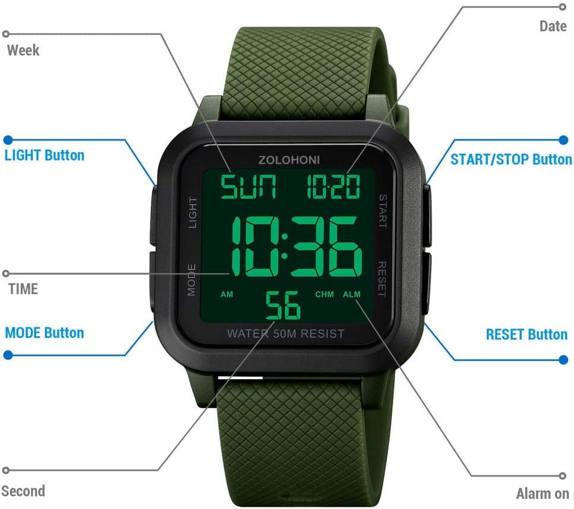 Square Men's Digital Watch Big Numbers Dial Large Face Waterproof LED ...