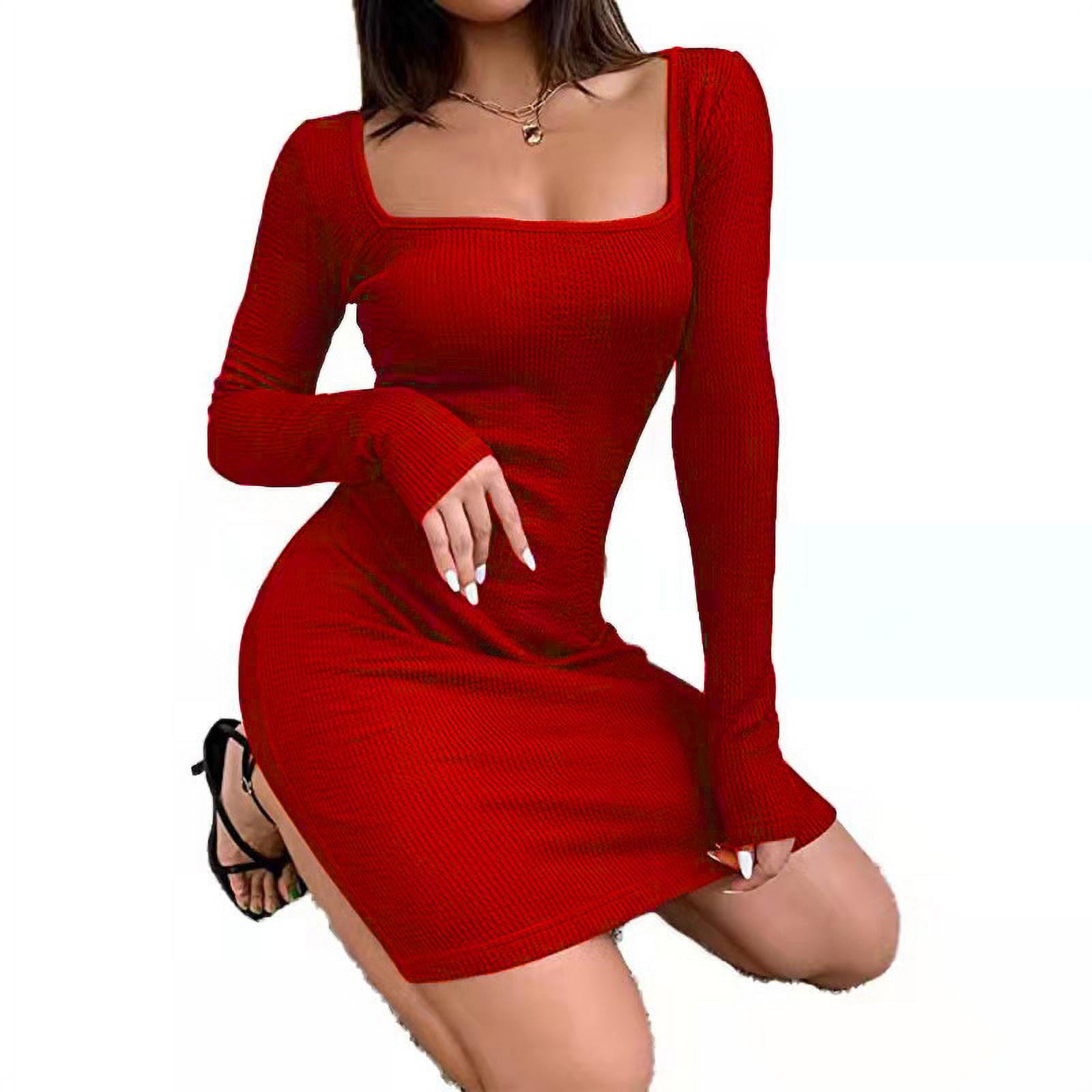 Square Neck Dress,Long Sleeve Bodycon Dress,Solid Color Short Dress ...