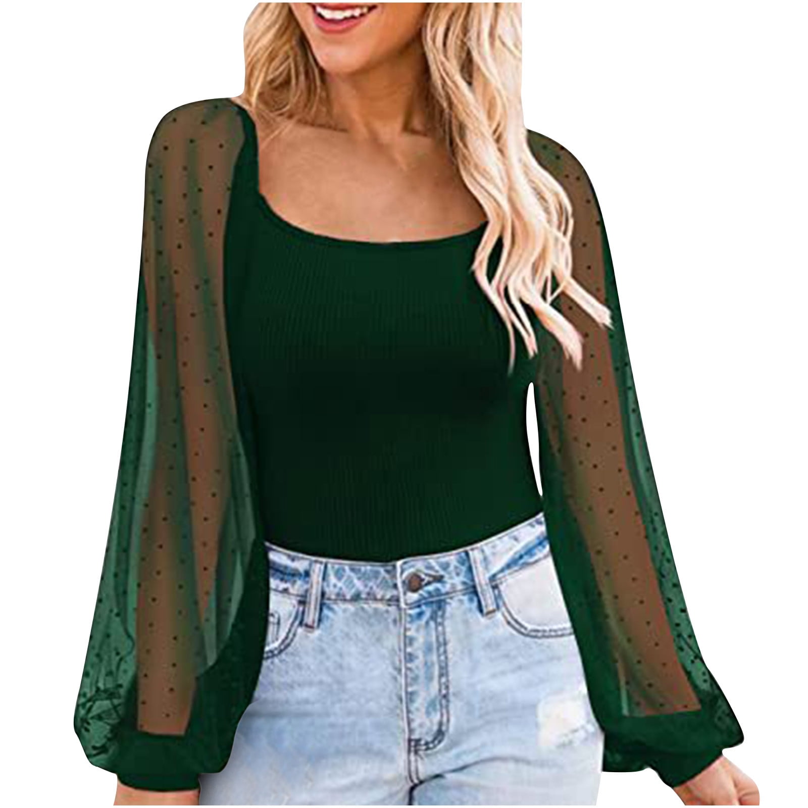 Square Neck Dressy Tops for Women Trendy 2024, Ribbed Sheer Lace Puff ...