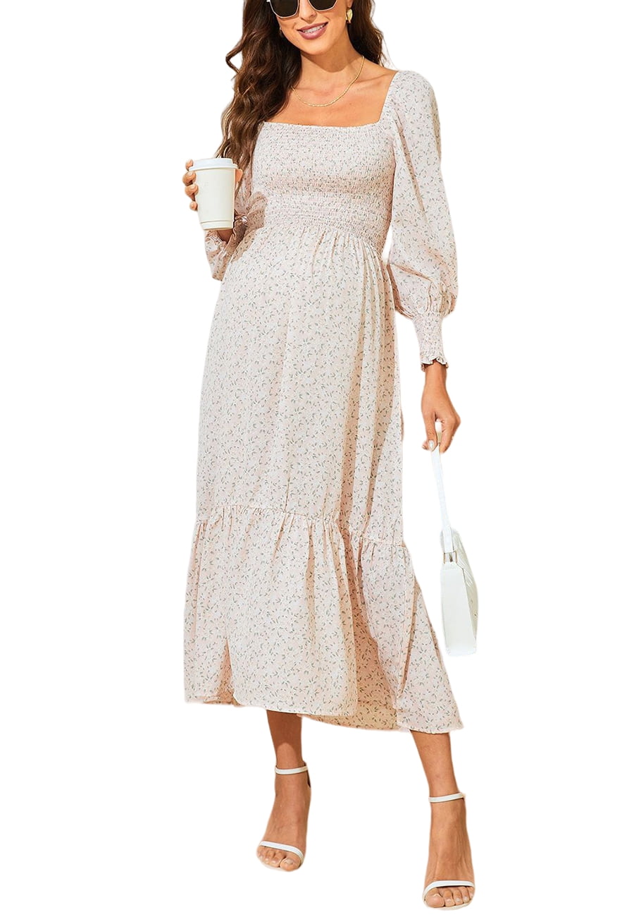Square Neck Long Sleeve Midi Dress for Women Mid-Calf Length Pink Small ...