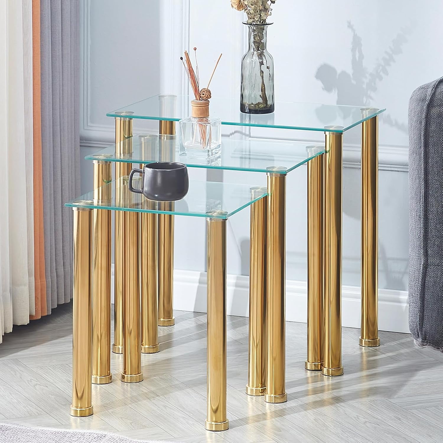 Square Nesting Side Table Glass End Tea Table for Living Room/Bedroom ...