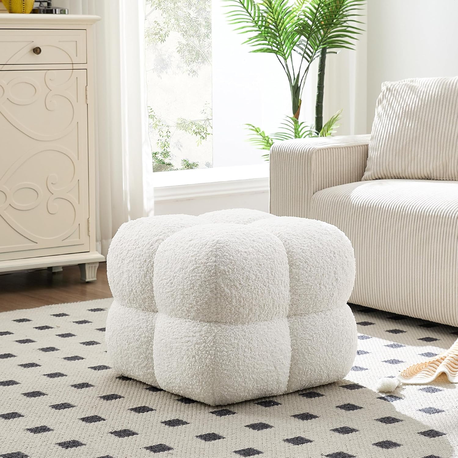 Square Ottoman Stool, Boucle Ottoman Coffee Table with with Full ...