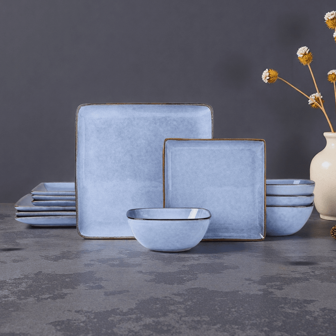 Onader Square Dinnerware Sets for 4, 12-Piece Plates and Bowls Sets ...