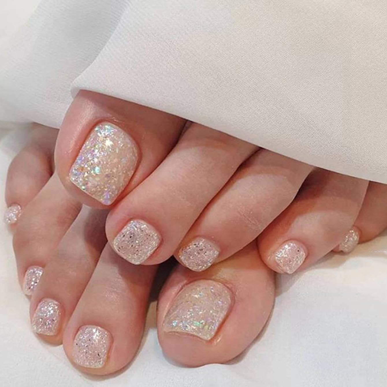 Square Press on Toenails Short Shiny Fake Toe Nails Silver Glitters ...