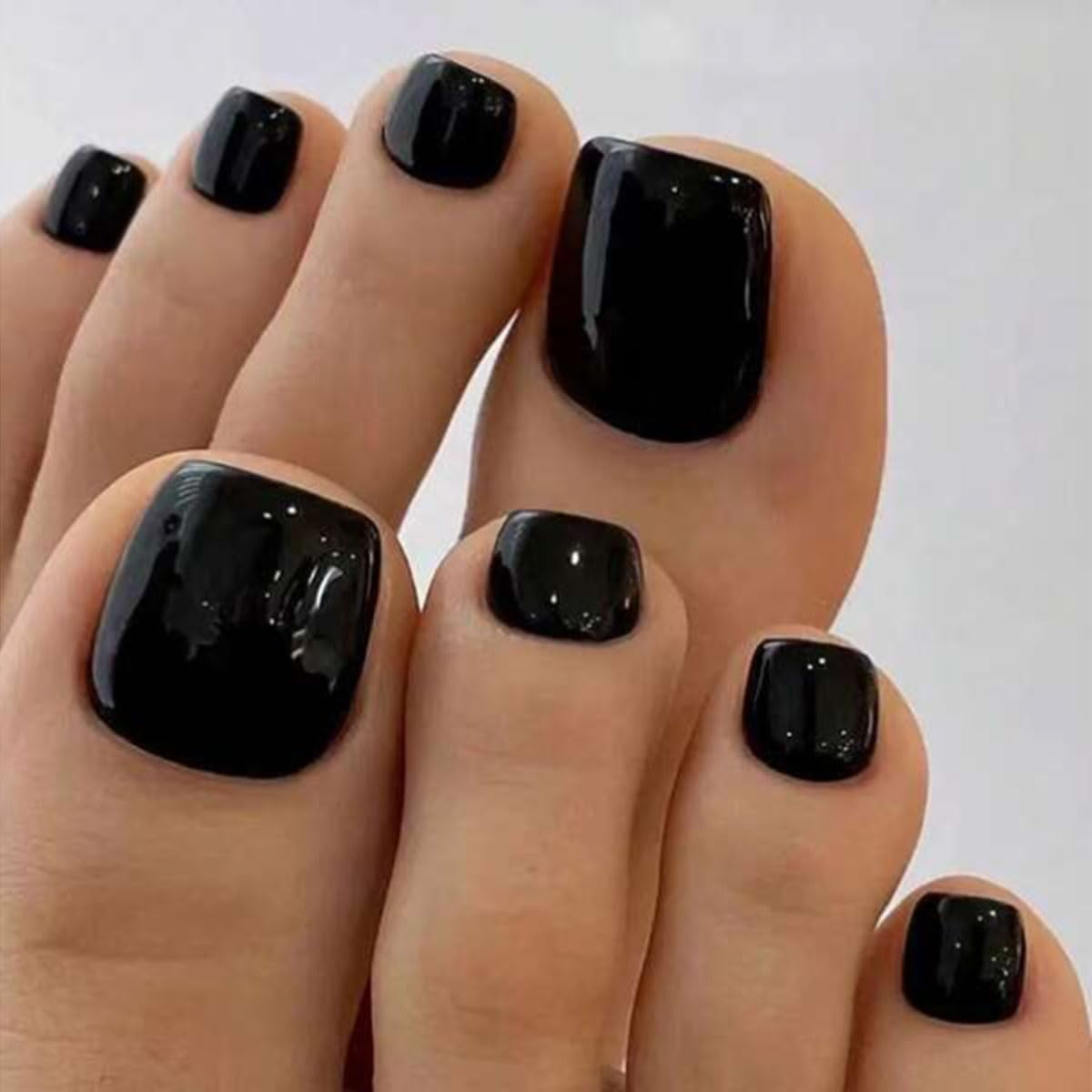 Square Press on Toes Nails Short Fake Toenails Pure Black Toe Nail ...