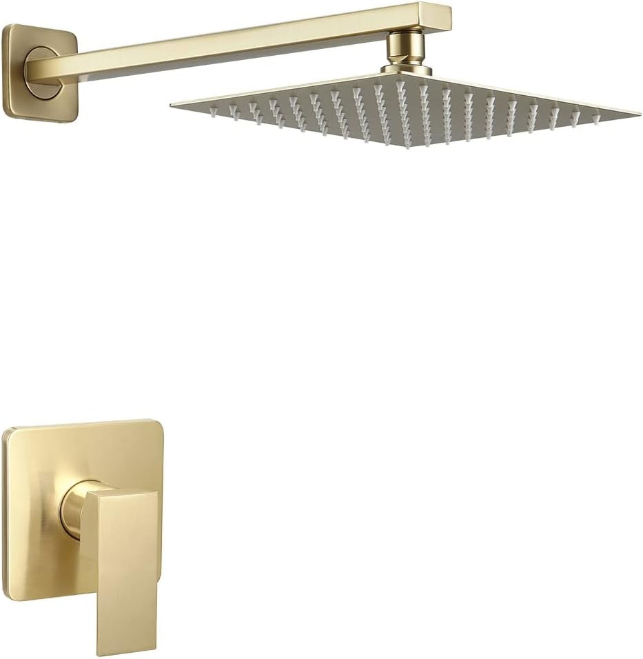 Square Rain Shower Head System with Brushed Gold Shower Faucet Set, Single Function Shower Trim ...