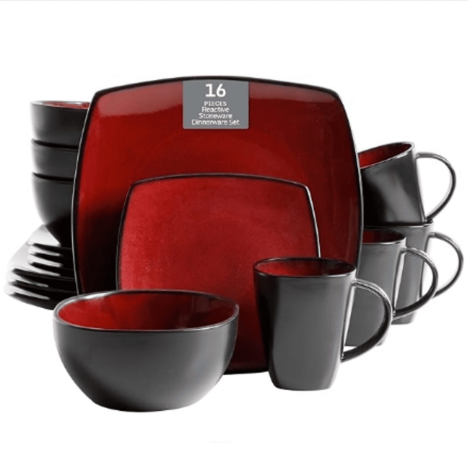 Square Reactive Glaze Dinnerware Set, Red, Service for 4 (16pcs ...