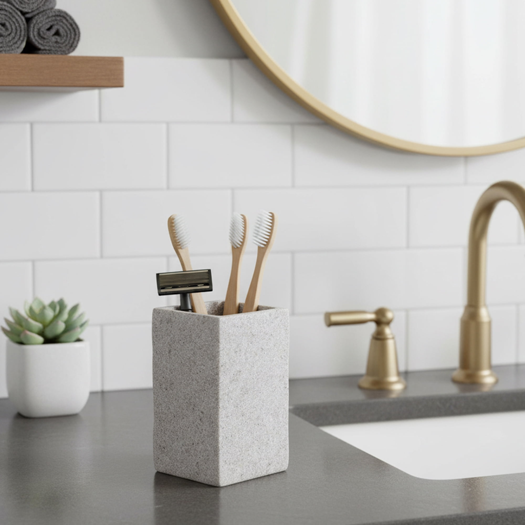 Square Resin Stone Effect Bath Tumbler Cup Toothbrush Holder Gray ...