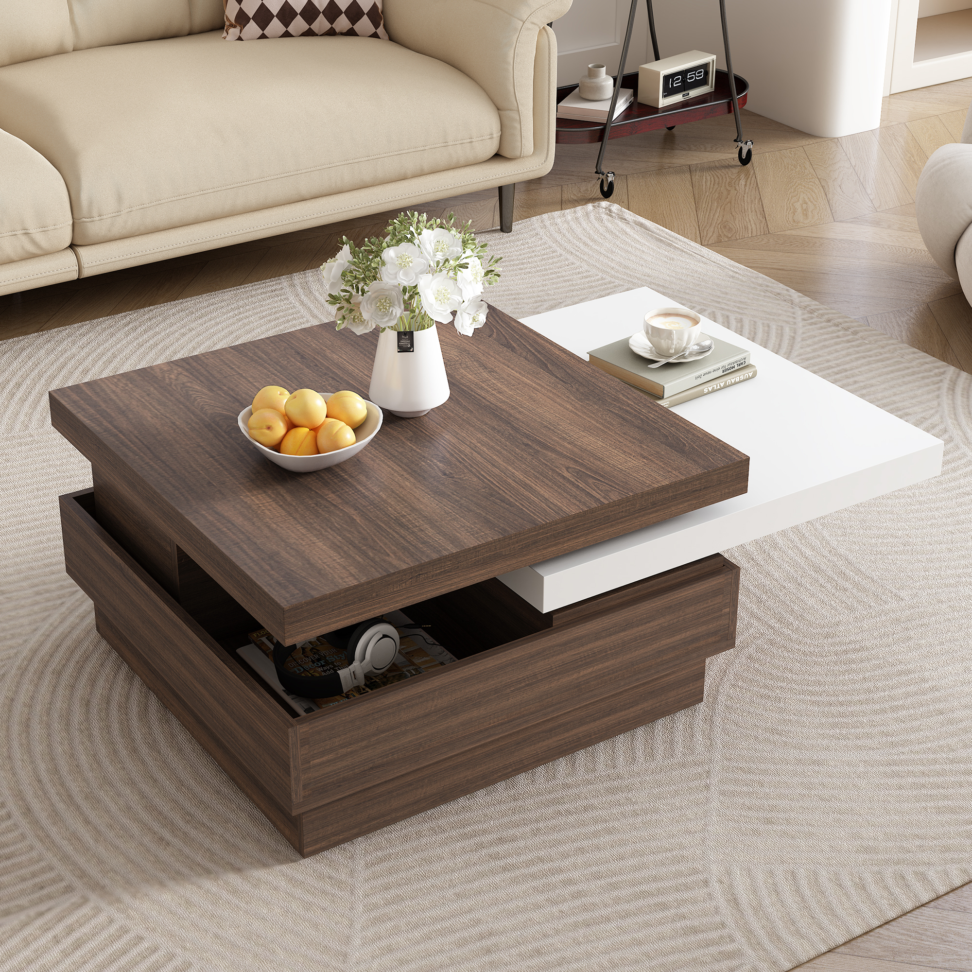Square Rotatable Top Nesting Coffee Table, Modern Coffee Table With ...