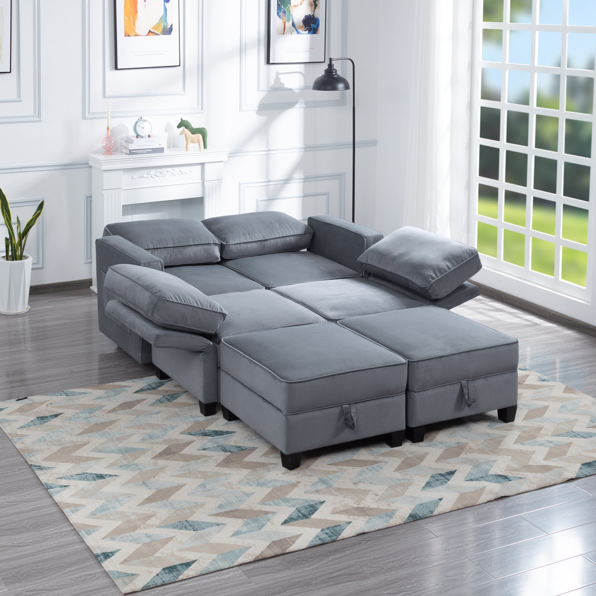 Square Sectional Sofa Couch with Ottoman,Velvet Sofa Bed U Shape Sofa ...